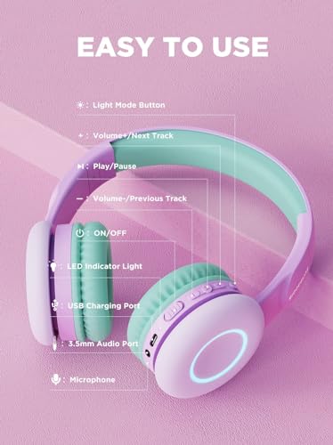 BIGGERFIVE Kids Wireless Bluetooth Headphones with 7 Colorful LED Lights, 50H Playtime, Microphone, 85dB/94dB Volume Limited, Foldable On Ear Kids Headphones for School/Girls/Fire Tablet, Purple