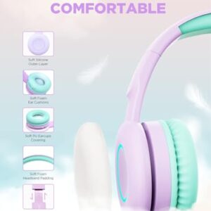 BIGGERFIVE Kids Wireless Bluetooth Headphones with 7 Colorful LED Lights, 50H Playtime, Microphone, 85dB/94dB Volume Limited, Foldable On Ear Kids Headphones for School/Girls/Fire Tablet, Purple