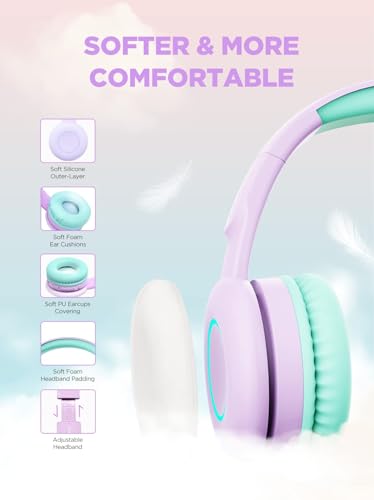 BIGGERFIVE Kids Wireless Bluetooth Headphones with 7 Colorful LED Lights, 50H Playtime, Microphone, 85dB/94dB Volume Limited, Foldable On Ear Kids Headphones for School/Girls/Fire Tablet, Purple