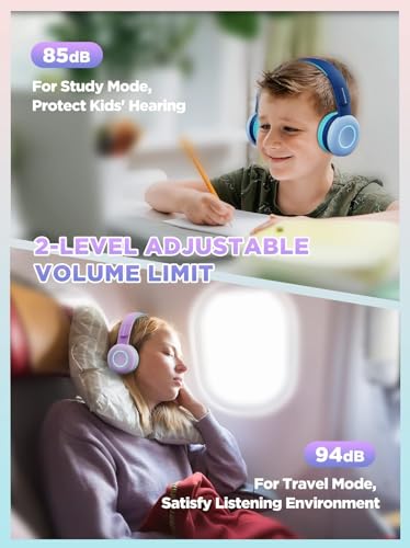 BIGGERFIVE Kids Wireless Bluetooth Headphones with 7 Colorful LED Lights, 50H Playtime, Microphone, 85dB/94dB Volume Limited, Foldable On Ear Kids Headphones for School/Girls/Fire Tablet, Purple