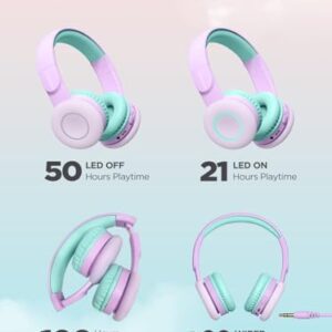 BIGGERFIVE Kids Wireless Bluetooth Headphones with 7 Colorful LED Lights, 50H Playtime, Microphone, 85dB/94dB Volume Limited, Foldable On Ear Kids Headphones for School/Girls/Fire Tablet, Purple