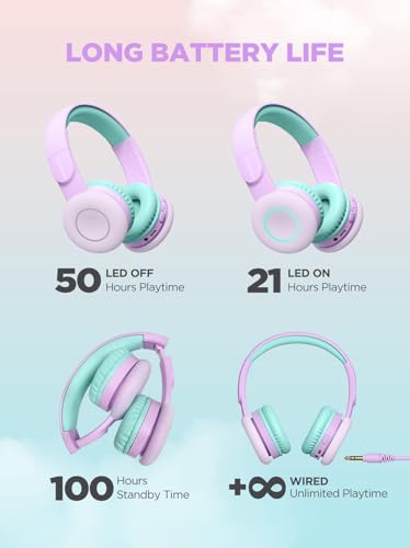 BIGGERFIVE Kids Wireless Bluetooth Headphones with 7 Colorful LED Lights, 50H Playtime, Microphone, 85dB/94dB Volume Limited, Foldable On Ear Kids Headphones for School/Girls/Fire Tablet, Purple