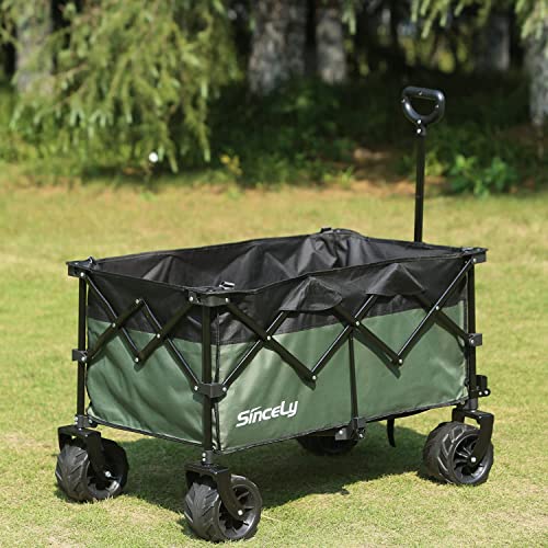 Sincely Heavy Duty Folding Utility Wagon Outdoor Garden Camping Wagon Portable Beach Cart Large Capacity with Cover Bag&2 Bungee Cords …