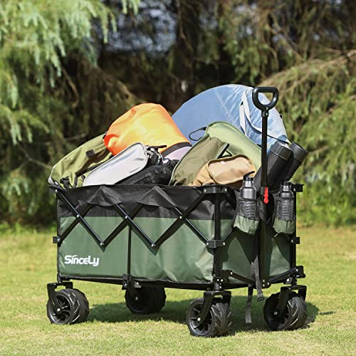 Sincely Heavy Duty Folding Utility Wagon Outdoor Garden Camping Wagon Portable Beach Cart Large Capacity with Cover Bag&2 Bungee Cords …