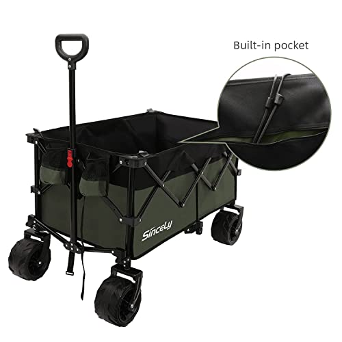 Sincely Heavy Duty Folding Utility Wagon Outdoor Garden Camping Wagon Portable Beach Cart Large Capacity with Cover Bag&2 Bungee Cords …