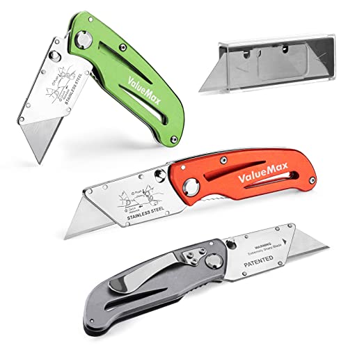 ValueMax Folding Utility Knife Set, All Metal Liner Lock Box Cutter, Quick Change Blade Razor Knife, with 10 Extra SK5 Blades, Set of 3 (Green, Orange, Gray)