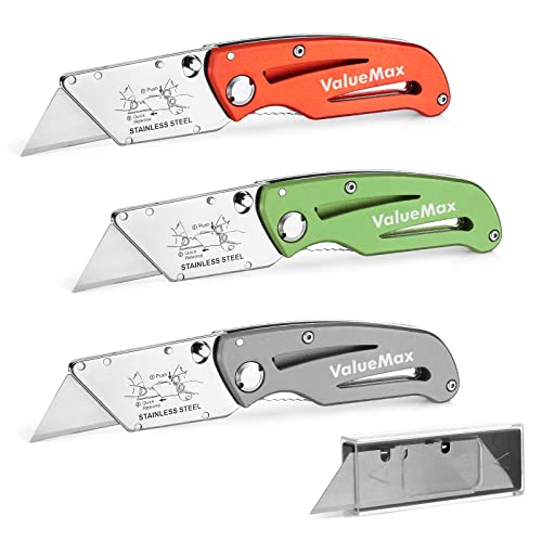 ValueMax Folding Utility Knife Set, All Metal Liner Lock Box Cutter, Quick Change Blade Razor Knife, with 10 Extra SK5 Blades, Set of 3 (Green, Orange, Gray)