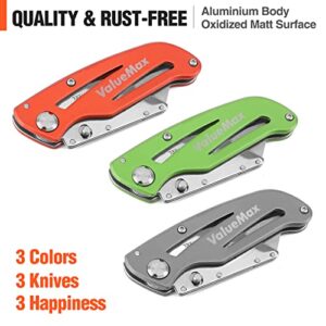 ValueMax Folding Utility Knife Set, All Metal Liner Lock Box Cutter, Quick Change Blade Razor Knife, with 10 Extra SK5 Blades, Set of 3 (Green, Orange, Gray)