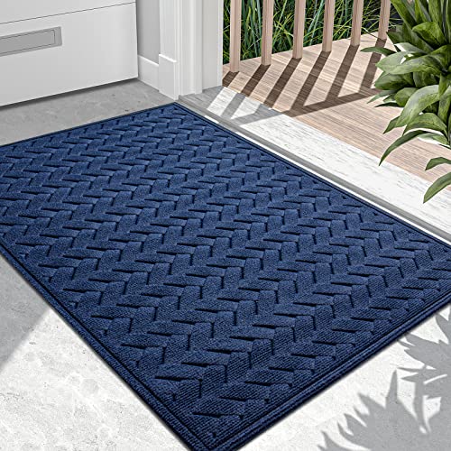 DEXI Front Door Mat Outdoor Entrance Doormat Heavy Duty Floor Rug, Waterproof Low-Profile,17"x29", Navy Wave