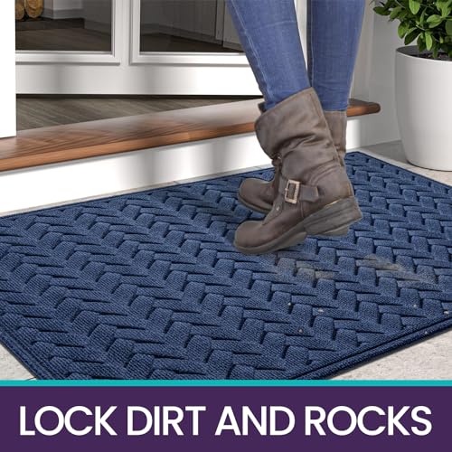 DEXI Front Door Mat Outdoor Entrance Doormat Heavy Duty Floor Rug, Waterproof Low-Profile,17"x29", Navy Wave