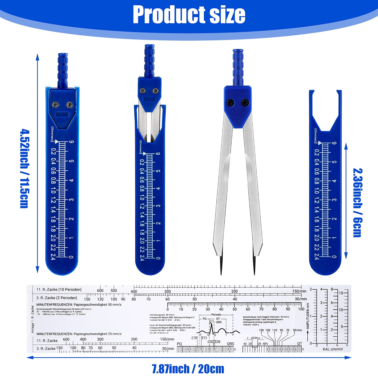 Tondiamo 2 Sets EKG Calipers and EKG Ruler Combination Set ECG Calipers Drafting Electrocardiogram Divider ECG Calipers Measuring Tool for Nursing (Black and Blue)