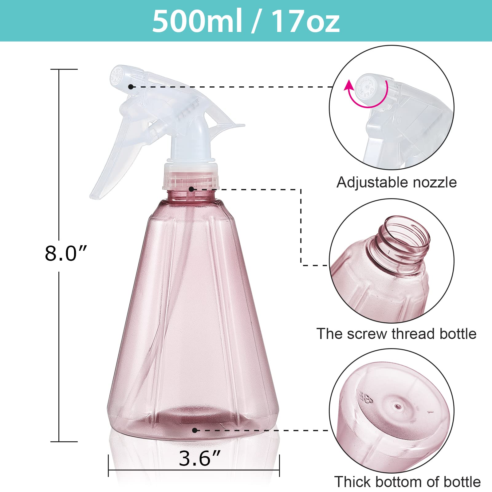 Spray Bottles Pack of 5 Water Squirt Bottle 17 oz Adjustable Empty Plastic Storage Container for Cleaning Solutions, Gardening, Pets, Plants, Hair Misting, Leak Proof, BPA Free, 5 Colors