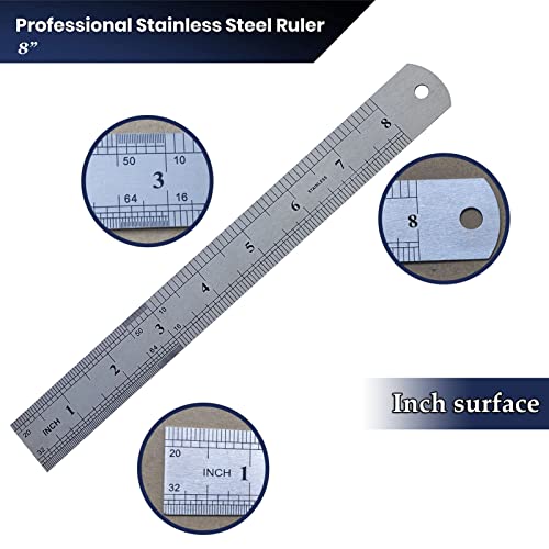 zmr 2 Pack Stainless Steel Machinist Engineer Ruler， Metric British Ruler with 1/10, 1/16, 1/20, 1/32Inch and 0.5mm，0.1cm for Engineering, School, Office, Architect, and Drawing (8Inch/2Pack)