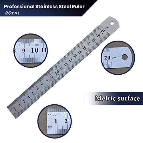 zmr 2 Pack Stainless Steel Machinist Engineer Ruler， Metric British Ruler with 1/10, 1/16, 1/20, 1/32Inch and 0.5mm，0.1cm for Engineering, School, Office, Architect, and Drawing (8Inch/2Pack)