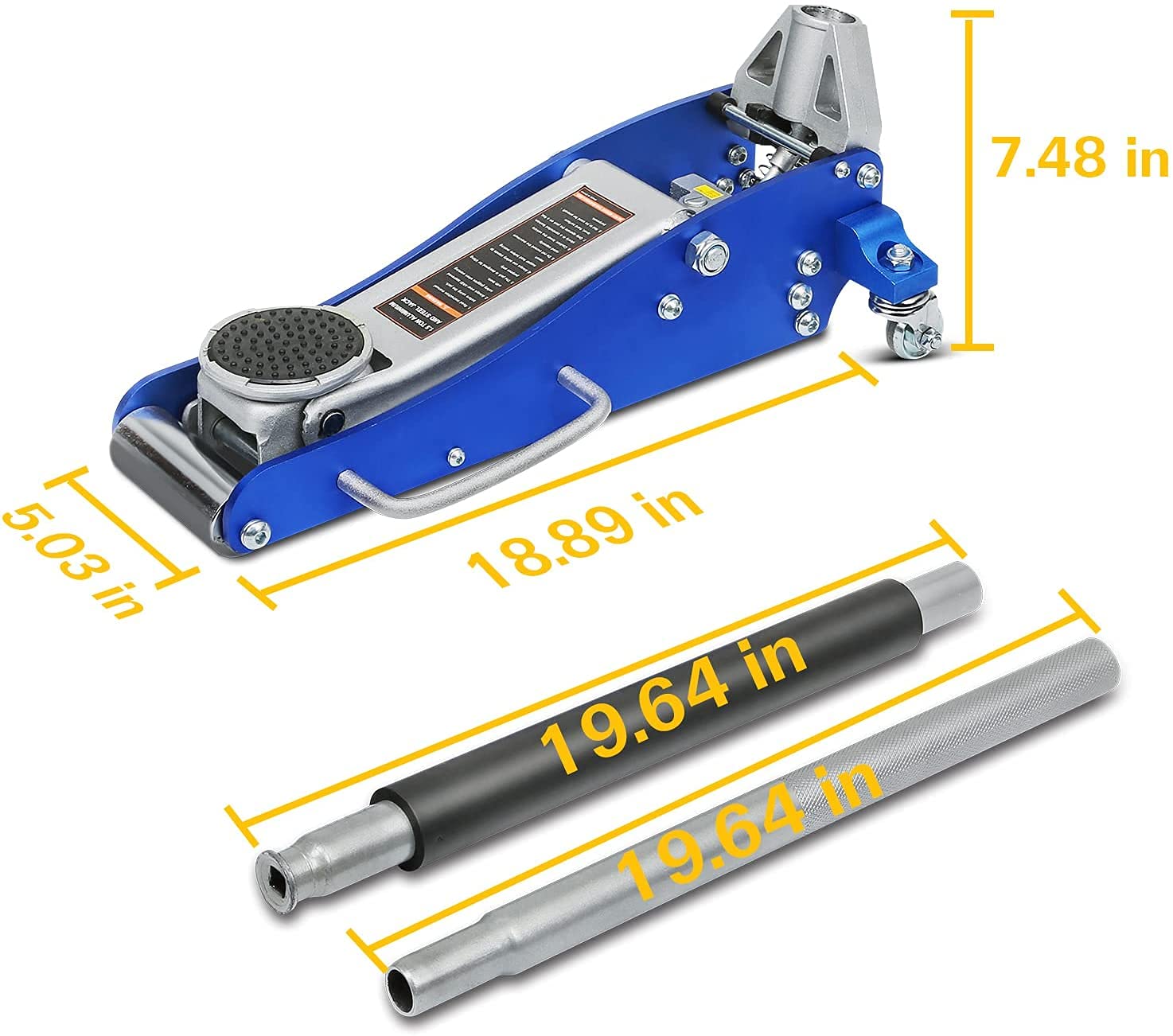 BILT Hard Aluminum and Steel Floor Jack, Low Profile Hydraulic Racing Floor Jack with Dual Piston Rapid Pump, 1.5 Ton Capacity (3,000 lb), Blue