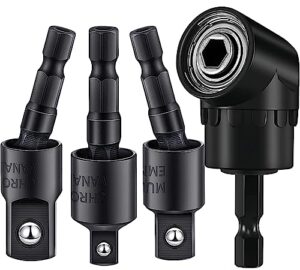 4-piece power drill sockets adapter sets,360°rotatable 1/4" 3/8" 1/2" impact grade driver sockets adapter extension set drill bit+105 degree right angle screwdriver set drill hex bit socket adapter