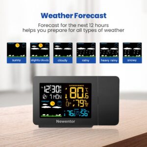 Newentor Atomic Projection Alarm Clock with Weather Station for Bedrooms, Projector Clocks with WWVB Function, Indoor Outdoor Thermometer Wireless, Temperature Humidity Monitor and Weather Forecast