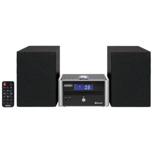 jensen jbs-210 3-piece modern compact bluetooth stereo shelf system, cd player, digital am/fm stereo with speakers, aux-in, & remote control included (black/silver)