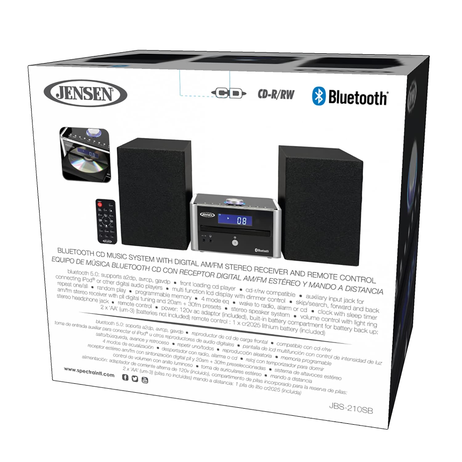 Jensen JBS-210 3-Piece Modern Compact Bluetooth Stereo Shelf System, CD Player, Digital AM/FM Stereo with Speakers, Aux-in, & Remote Control Included (Black/Silver)