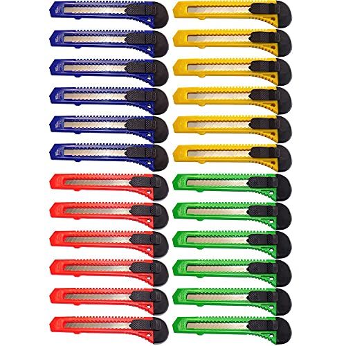 24 Box Cutter Utility Knife Tool with Retractable Snap off Razor Blade 6 Blue 6 Yellow 6 Red 6 Green