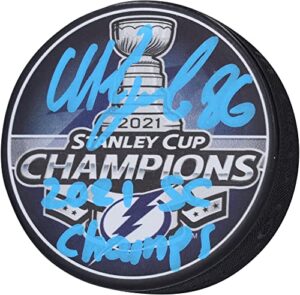 nikita kucherov tampa bay lightning autographed 2021 stanley cup champions logo hockey puck with "2021 sc champs" inscription - autographed nhl pucks