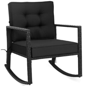 tangkula wicker rocking chair, outdoor glider rattan rocker chair with heavy-duty steel frame, patio wicker furniture seat with 5” thick cushion for garden, porch, backyard, poolside (1, black)