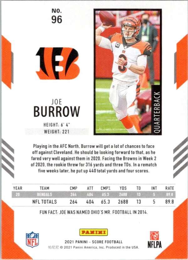 2021 Score #96 Joe Burrow Cincinnati Bengals NFL Football Trading Card