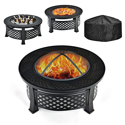 Giantex 3 in 1 Fire Pit, 32" Outdoor Wood Burning Fire Pit, Multifunctional Round Firepit Stove, Metal Firebowl with Cover, Portable Fire Pit for Outside Heating, Bonfire, Picnic, Grill