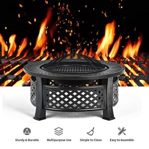 Giantex 3 in 1 Fire Pit, 32" Outdoor Wood Burning Fire Pit, Multifunctional Round Firepit Stove, Metal Firebowl with Cover, Portable Fire Pit for Outside Heating, Bonfire, Picnic, Grill