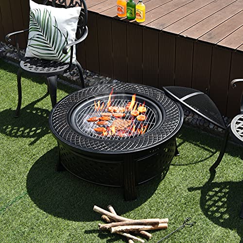 Giantex 3 in 1 Fire Pit, 32" Outdoor Wood Burning Fire Pit, Multifunctional Round Firepit Stove, Metal Firebowl with Cover, Portable Fire Pit for Outside Heating, Bonfire, Picnic, Grill