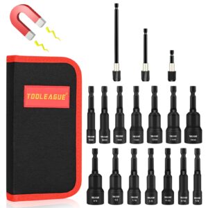 tooleague magnetic nut driver set for impact drill cr-v steel 1/4" quick-change hex shank 17 piece metric/sae screwdriver with storage bag