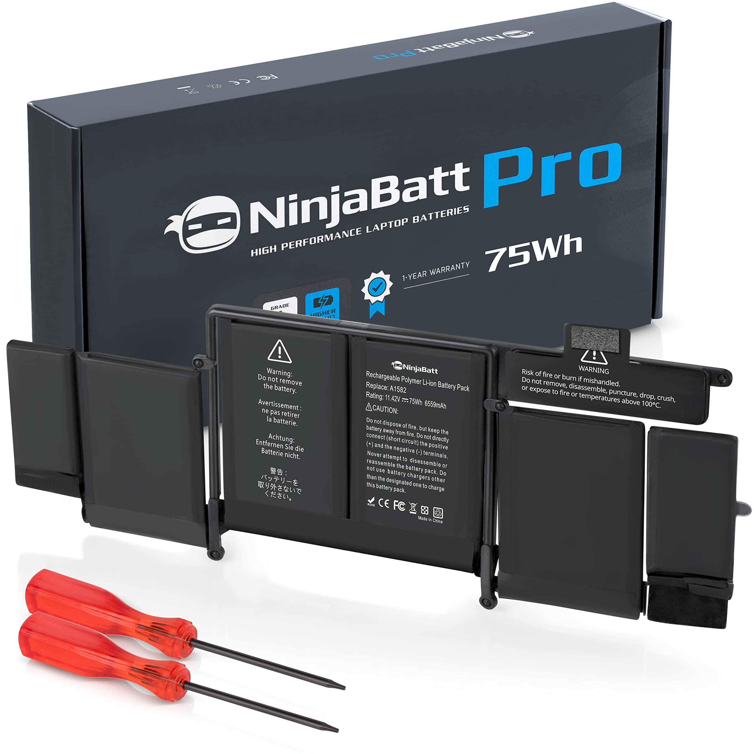 NinjaBatt Battery A1502 A1582 for Apple MacBook Pro Retina 13” A1493 [Early 2015, Mid 2014, Late 2013] - High Performance [75Wh/11.42V]