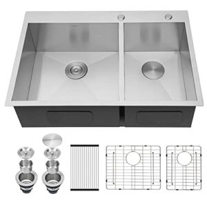 33 kitchen sink drop in - kichae 33 inch kitchen sink double bowl 60/40 stainless steel 18 gauge drop in top mount overmount kitchen sink basin