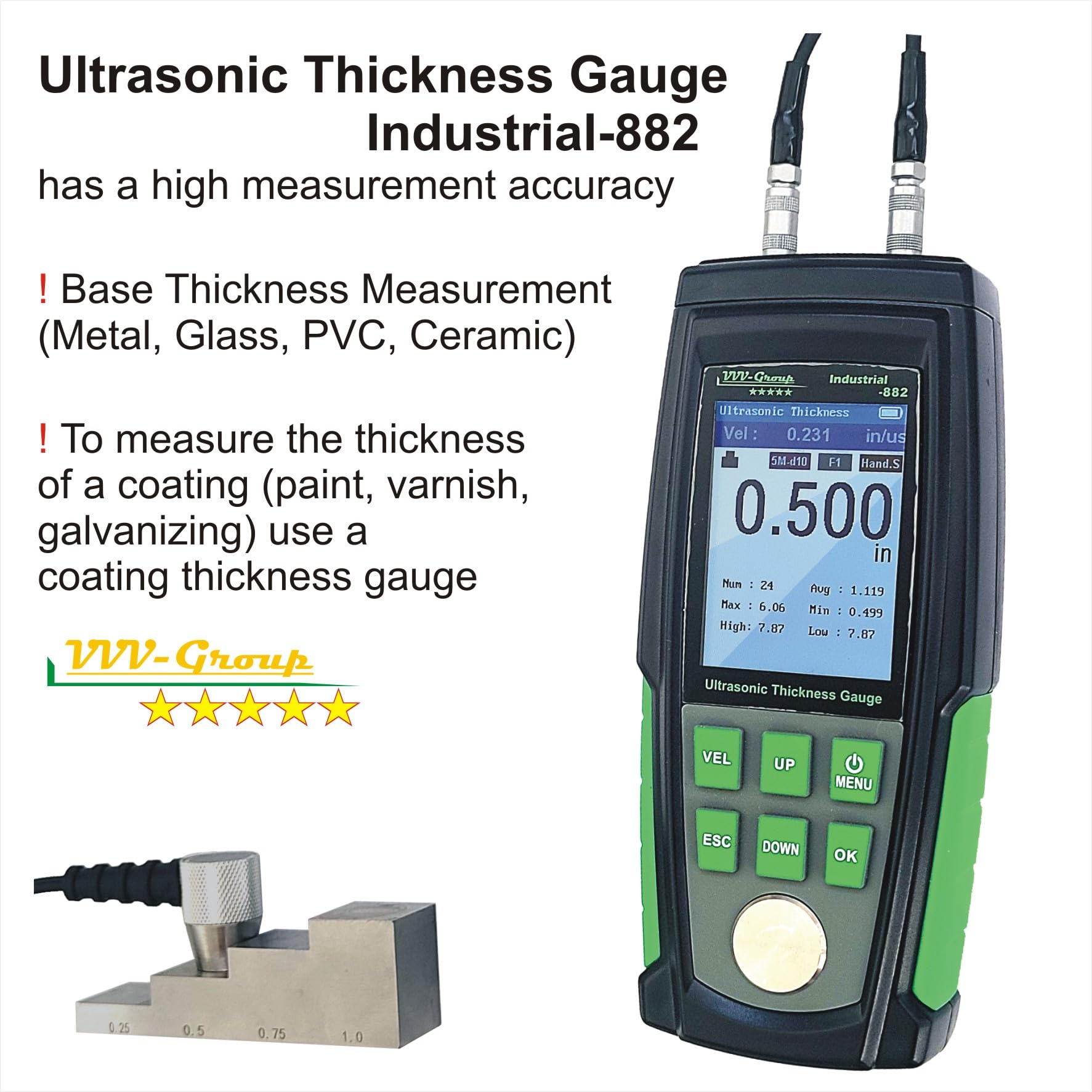 Ultrasonic Thickness Gauge Industrial-882 / Steel, Metals, Plastic, Glass, PVC, Pipes Thickness Gauge Meter – Range 0.039 to 8.85 inch| 2.4” HD Color LCD | Auto Calibration (All materiаl)