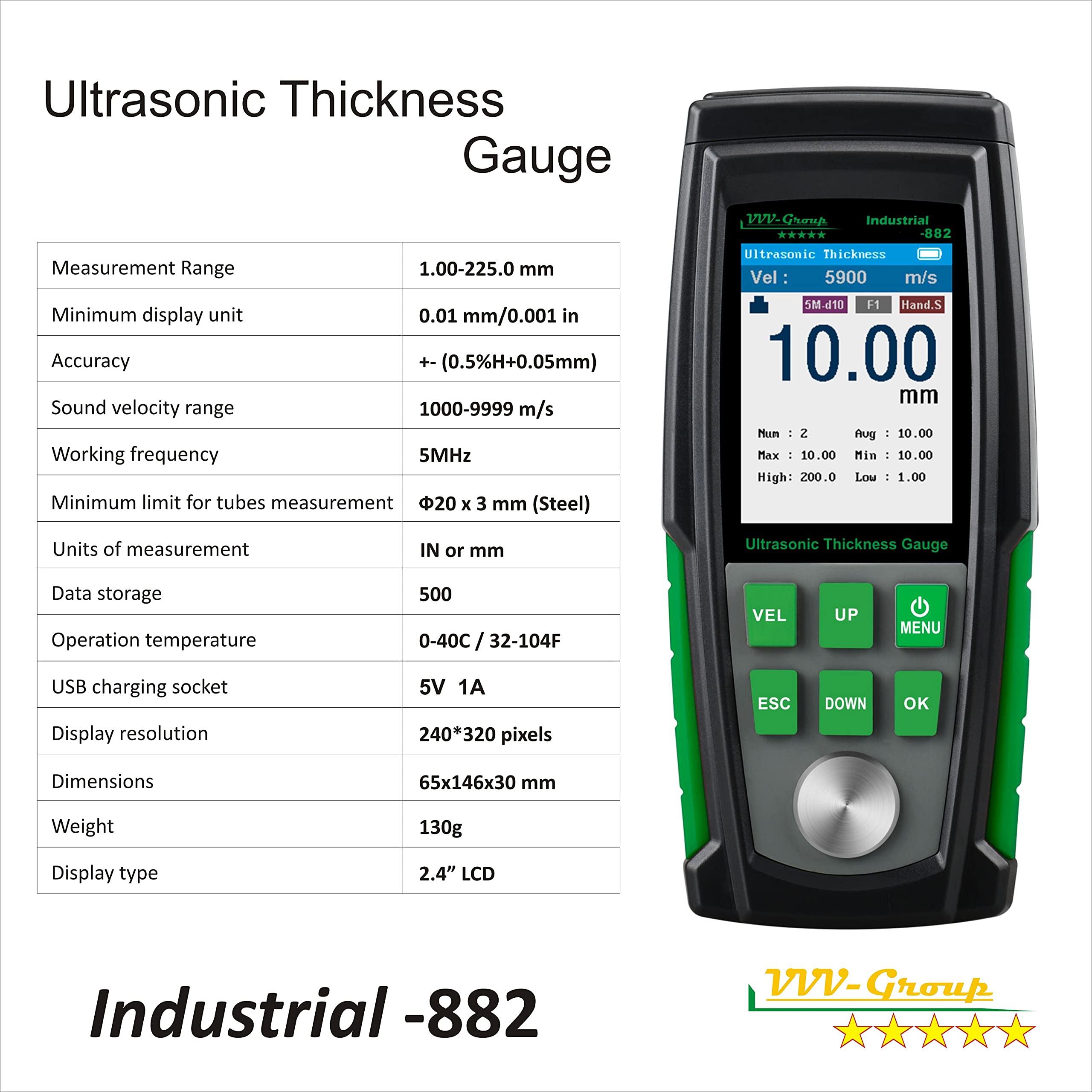 Ultrasonic Thickness Gauge Industrial-882 / Steel, Metals, Plastic, Glass, PVC, Pipes Thickness Gauge Meter – Range 0.039 to 8.85 inch| 2.4” HD Color LCD | Auto Calibration (All materiаl)