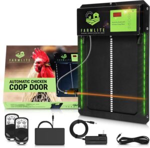 farmlite automatic chicken coop door opener | non-battery powered automatic chicken door | automatic coop door with timer, light sensor and remote control