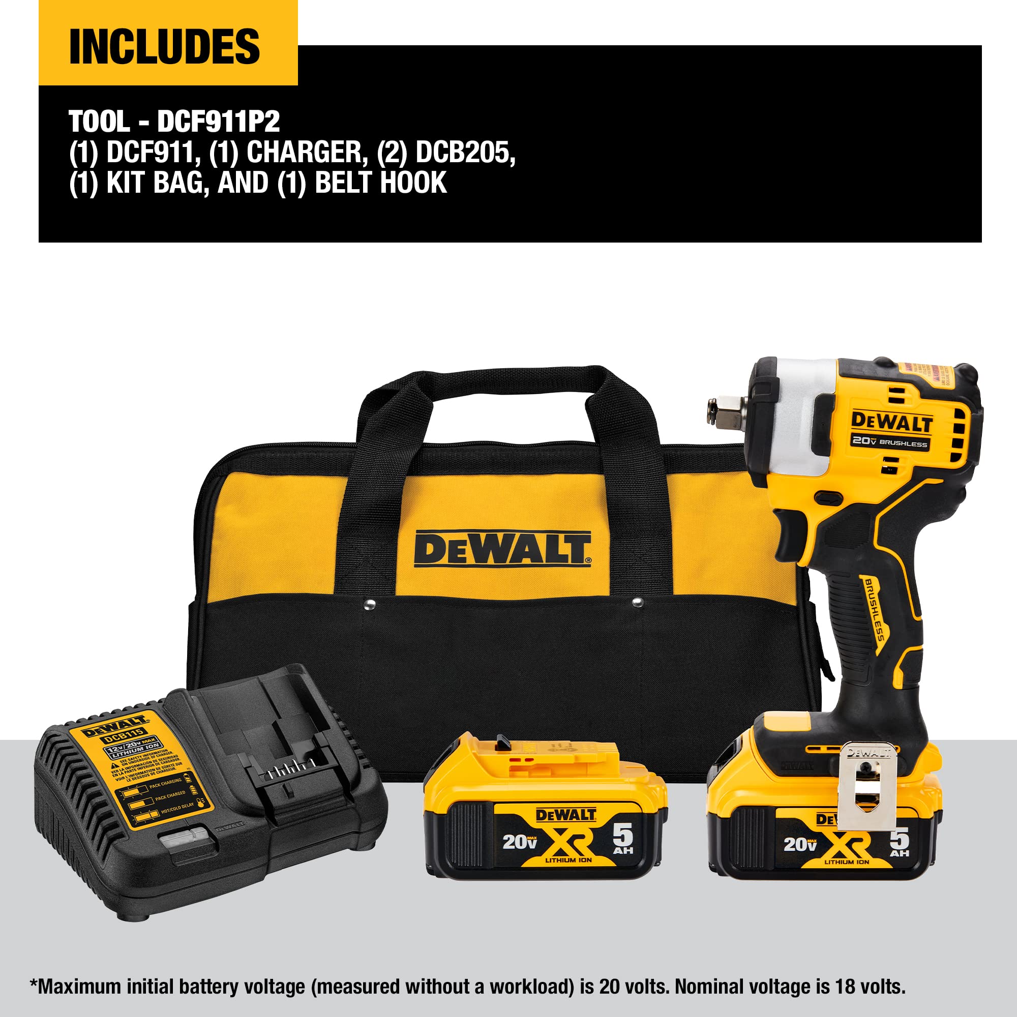 DEWALT DCF911P2 20V MAX* 1/2 in. Cordless Impact Wrench with Hog Ring Anvil Kit