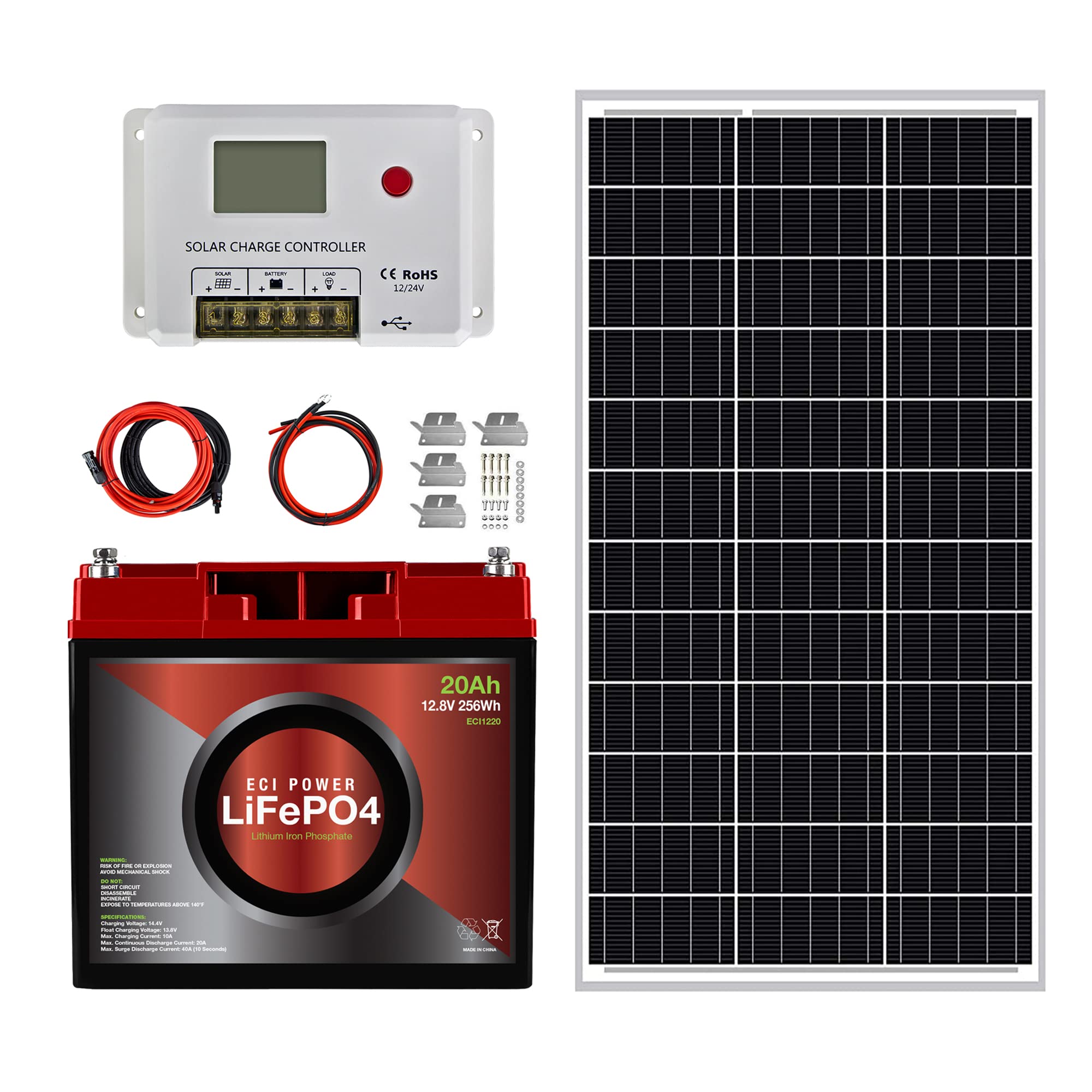 ECI Power 100W 12V Solar Power Kit | 12V 20Ah LiFePO4 Lithium Battery | 100W Mono Rigid Solar Panel, 10A PWM Solar Charge Controller | RV, Trailer, Camper, Marine, Off Grid, Solar Projects