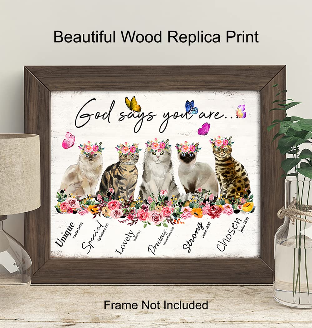 God Says You Are Cat Wall Art - Christian Inspirational Encouragement Gifts for Women - Bible Verses, Psalms, Scripture Wall Decor- Catholic Religious Gifts - Positive Motivational Quotes - Boho Decor