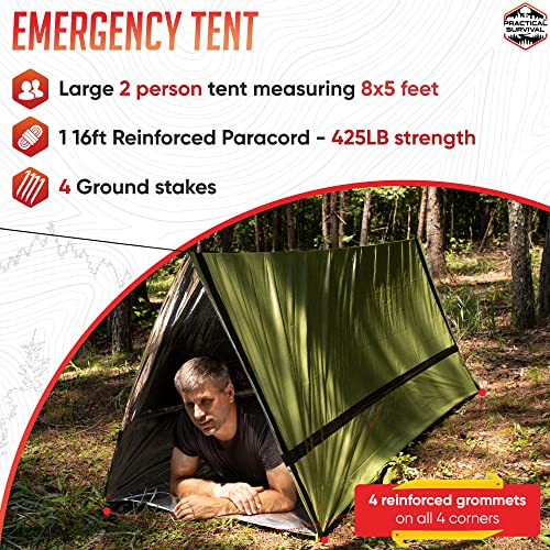 10 Piece Emergency Survival Shelter Kit - 1 Emergency Tent, 1 Emergency Sleeping Bag, 1 Emergency Blanket, 1 Summer Poncho, 1 Winter Poncho and More! Perfect for EDC, Car Kit, Bugout or Get Home Bag.