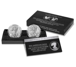 2021 two-coin set designer edition american eagle silver reverse proof $1 reverse proof us mint