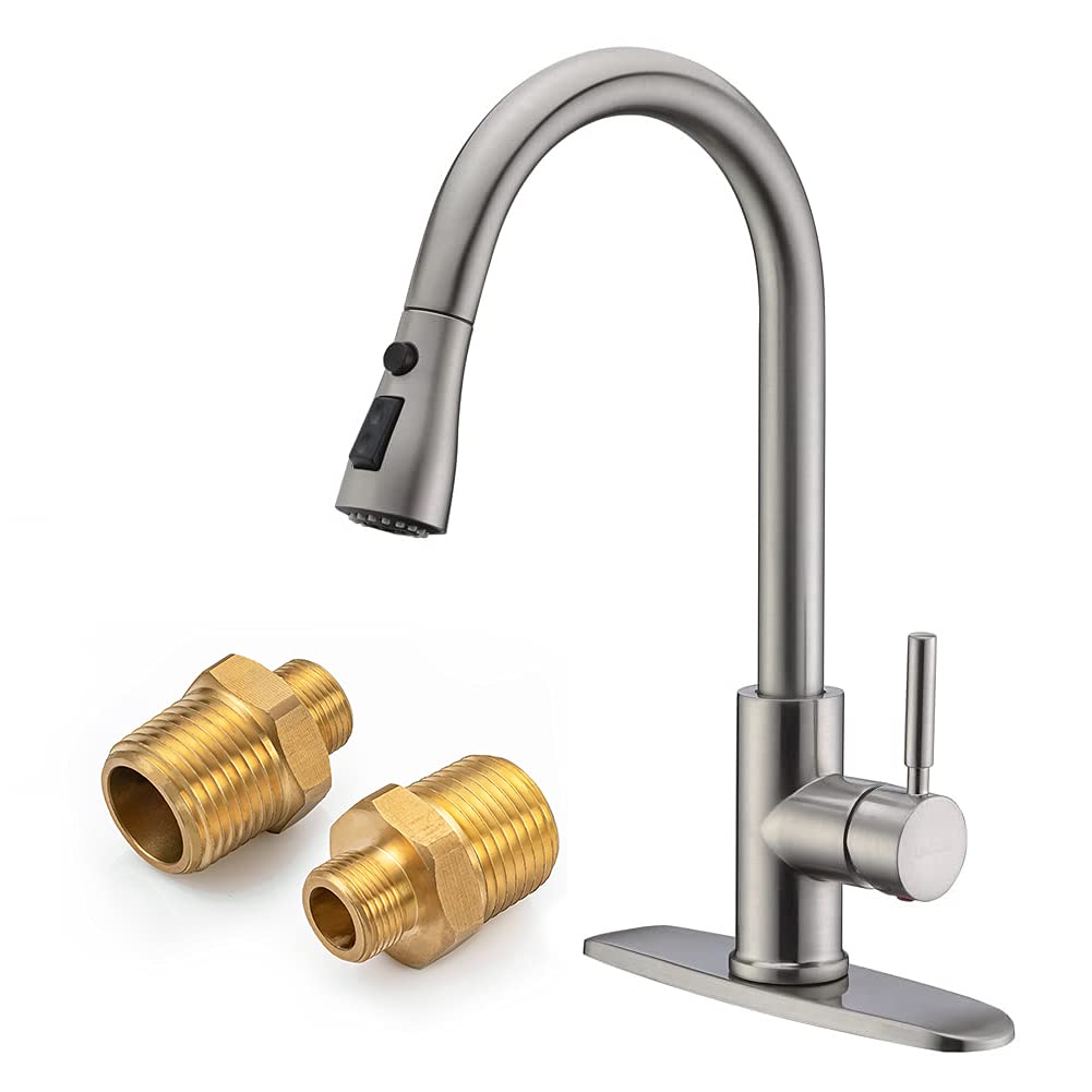 WEWE Single Handle High Arc Brushed Nickel Pull Out Kitchen Faucet,Single Level Stainless Steel Kitchen Sink Faucets with Pull Down Sprayer with 1/2 to 3/8 Adapter 2 Pieces