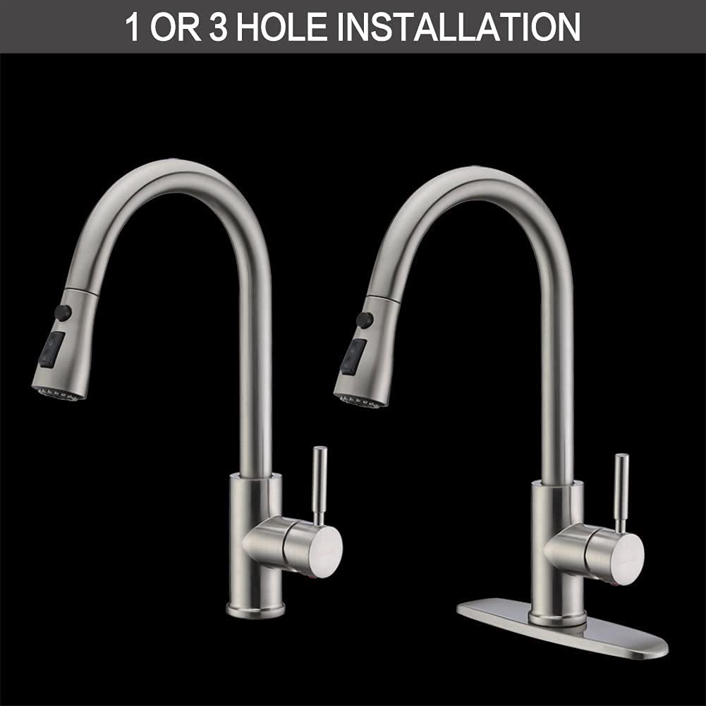 WEWE Single Handle High Arc Brushed Nickel Pull Out Kitchen Faucet,Single Level Stainless Steel Kitchen Sink Faucets with Pull Down Sprayer with 1/2 to 3/8 Adapter 2 Pieces