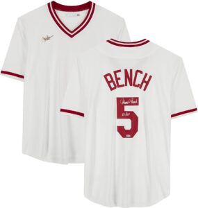 johnny bench cincinnati reds autographed white nike cooperstown collection replica jersey with "68 roy" inscription - autographed mlb jerseys