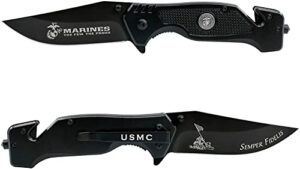 usmc black tactical folding knife-3.5 inch blade marine rescue & hunting knife-two-sided engravings - usmc gift-disabled usmc vet owned small business