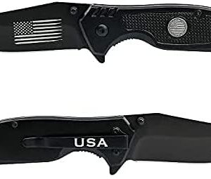 Black Tactical Folding Knife-3.5 Inch Stainless Steel Blade with American Flag | USA Rescue & Hunting Knife - Disabled USMC Vet Owned SMALL Business