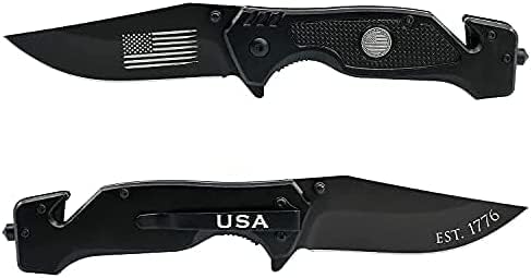 Black Tactical Folding Knife-3.5 Inch Stainless Steel Blade with American Flag | USA Rescue & Hunting Knife - Disabled USMC Vet Owned SMALL Business