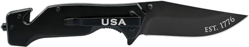 Black Tactical Folding Knife-3.5 Inch Stainless Steel Blade with American Flag | USA Rescue & Hunting Knife - Disabled USMC Vet Owned SMALL Business