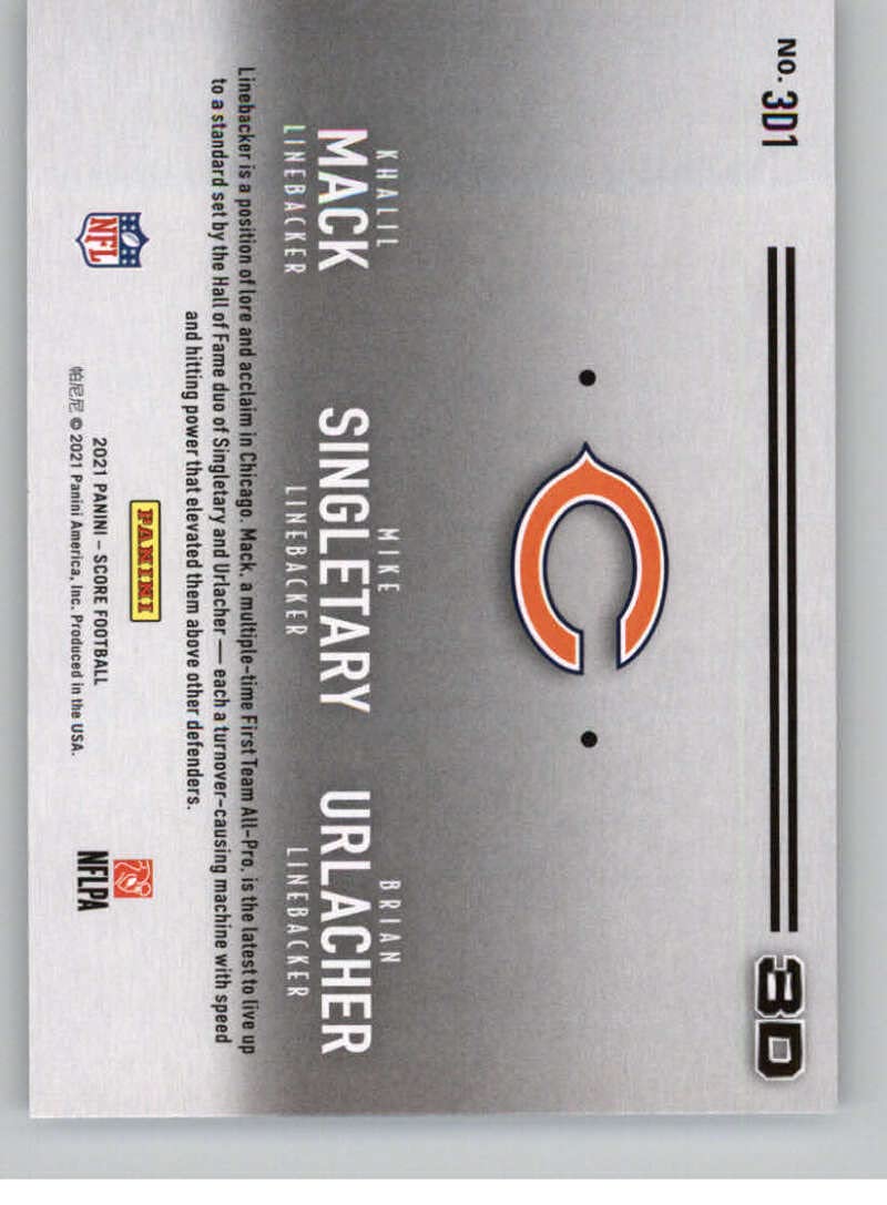 2021 Score 3D #1 Brian Urlacher/Khalil Mack/Mike Singletary Chicago Bears NFL Football Trading Card