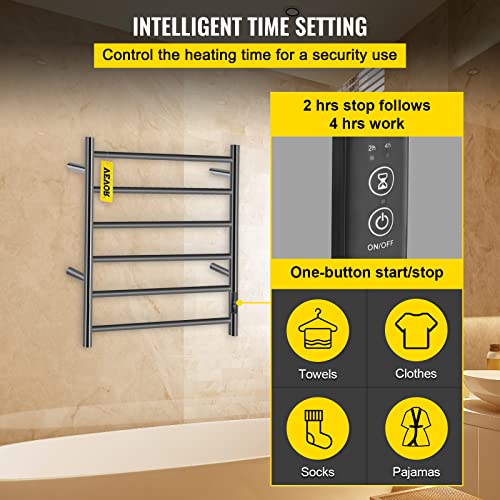 VEVOR Heated Towel Rack, 6-Bar Towel Warmer Rack, Wall Mounted Electric Towel Warmer, Electric Towel Drying Rack with Timer, Matte Black Stainless Steel Heated Towel Warmer for Bath, Plug-in/Hardwired